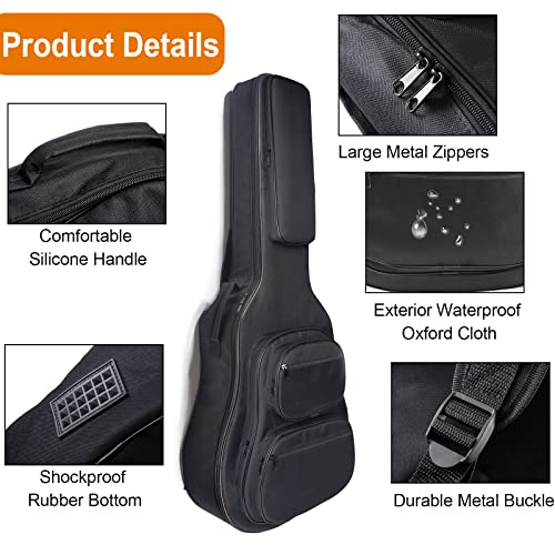 Okllen 41 Inch Acoustic Guitar Case Gig Bag, 0.3 Inch Thick Padding Waterproof Guitar Case with Adjustable Shoulder Strap and Back Hanger Loop, 6 Zipper and Front Pocket, Black