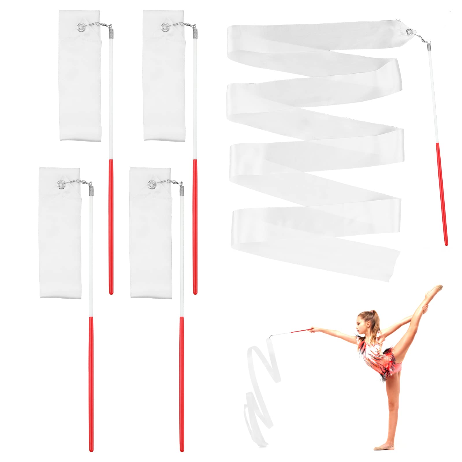 Grevosea 4 PCS Gymnastics Ribbon,Dance Ribbons Rhythmic Dancing Streamers White Ribbon Baton Twirling Wands for Twirling Artistic Dancing Gymnastics Kids Talent Shows Gymnastic Training