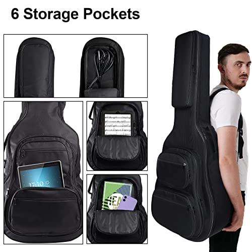 Okllen 41 Inch Acoustic Guitar Case Gig Bag, 0.3 Inch Thick Padding Waterproof Guitar Case with Adjustable Shoulder Strap and Back Hanger Loop, 6 Zipper and Front Pocket, Black