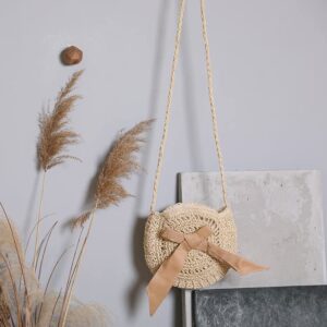 Nice Pies Women Round Handbags Straw Bag holiday beach round bag Tassel Vintage Cotton line Messenger Bag (C-Beige)