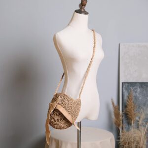 Nice Pies Women Round Handbags Straw Bag holiday beach round bag Tassel Vintage Cotton line Messenger Bag (C-Beige)