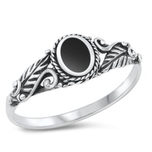 bali leaf cute simulated black onyx classic ring new .925 sterling silver band size 8