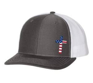 men's christian american flag filled cross jesus patriotic embroidered mesh back trucker hat, charcoal/white