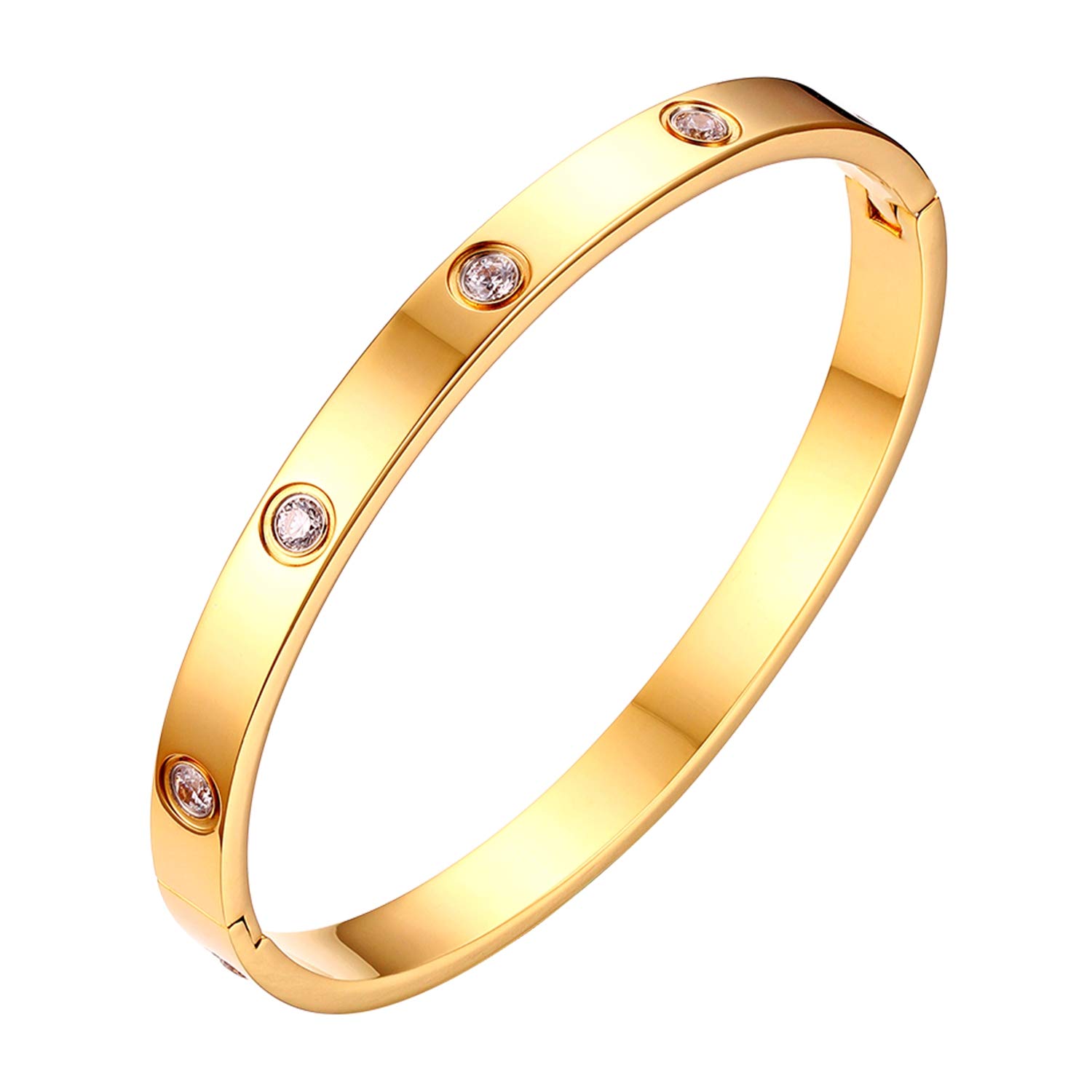 Rofusn Gold Bangle Bracelet Cuff with CZ Stone, Stainless Steel Womens Trendy Bracelets Jewelry Gift for Valentines Day