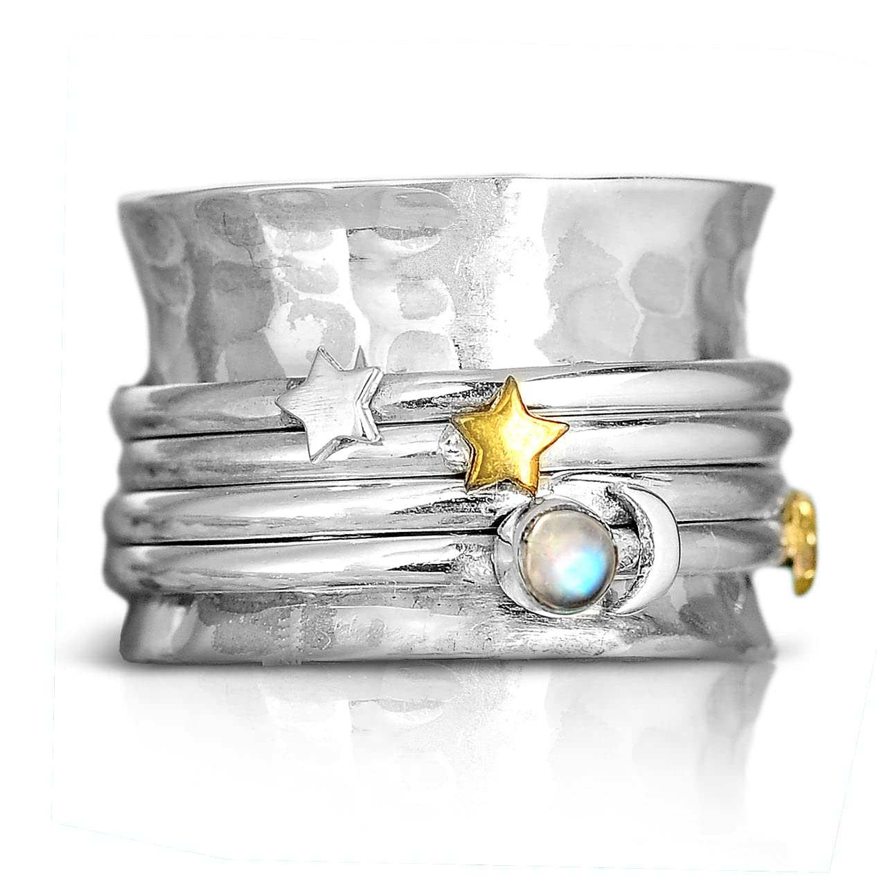 Boho-Magic Spinner Moonstone Moon and Star Ring for Women 925 Sterling Silver Fidget Wide Band (8)