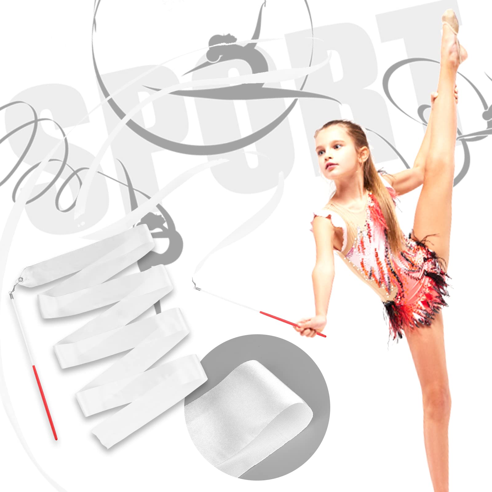 Grevosea 4 PCS Gymnastics Ribbon,Dance Ribbons Rhythmic Dancing Streamers White Ribbon Baton Twirling Wands for Twirling Artistic Dancing Gymnastics Kids Talent Shows Gymnastic Training