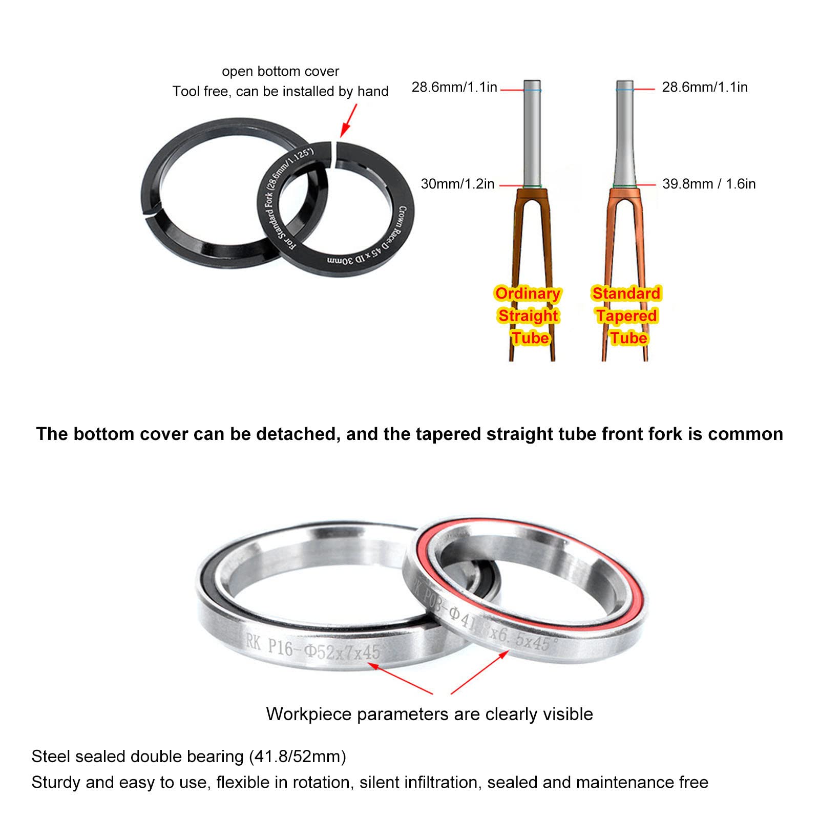 VGEBY Bike Bearing Headset, 41.8/42‑52mm Tapered Tube Headset Aluminum Alloy for Mountain Road Bike Tapered Headset