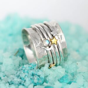 Boho-Magic Spinner Moonstone Moon and Star Ring for Women 925 Sterling Silver Fidget Wide Band (8)