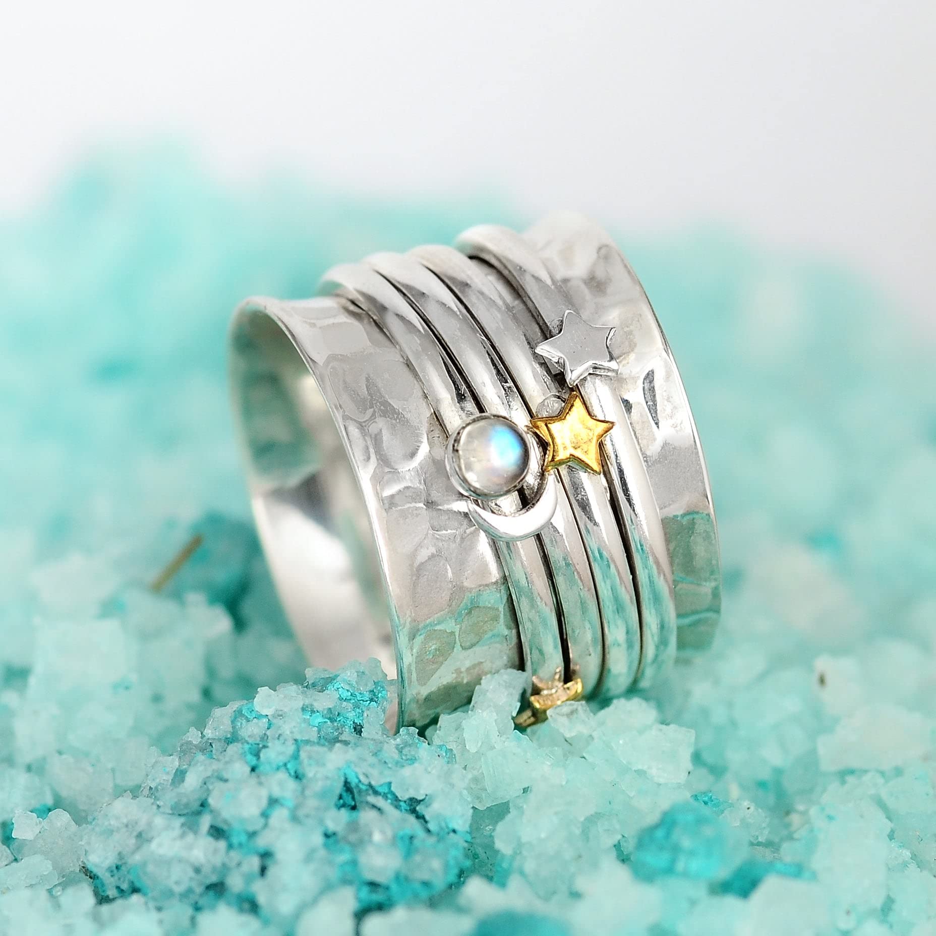 Boho-Magic Spinner Moonstone Moon and Star Ring for Women 925 Sterling Silver Fidget Wide Band (8)