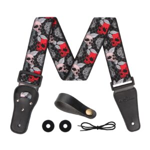 skull guitar strap for electric/acoustic guitar/bass, includes 2 strap locks + strap button, jacquard embroidered guitar straps