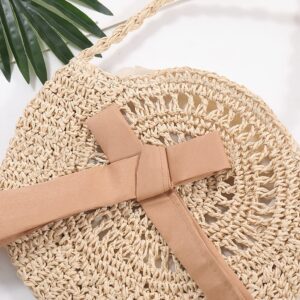 Nice Pies Women Round Handbags Straw Bag holiday beach round bag Tassel Vintage Cotton line Messenger Bag (C-Beige)