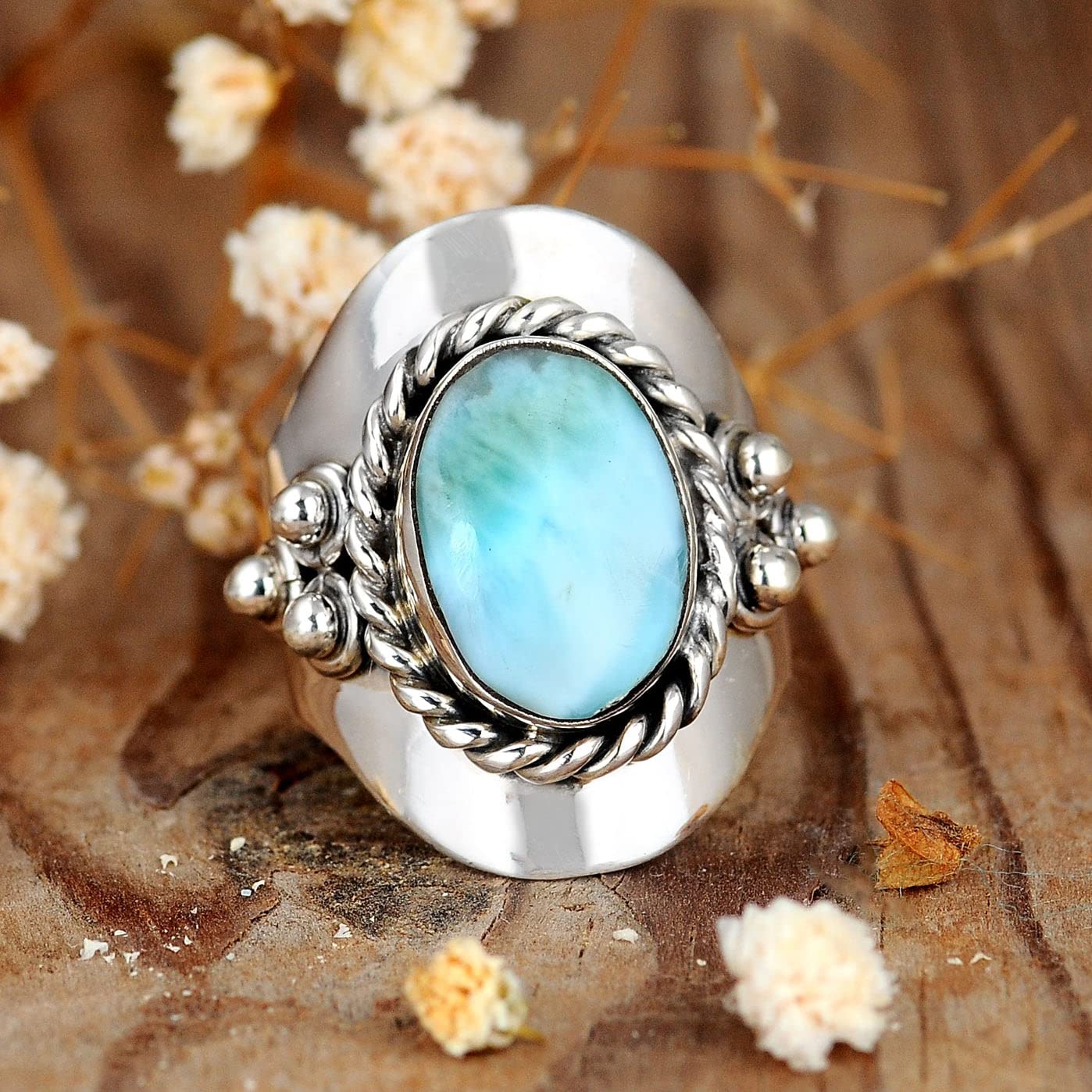 Boho-Magic Sterling Silver Larimar Ring for Women Oval Gemstone Boho jewelry (11)