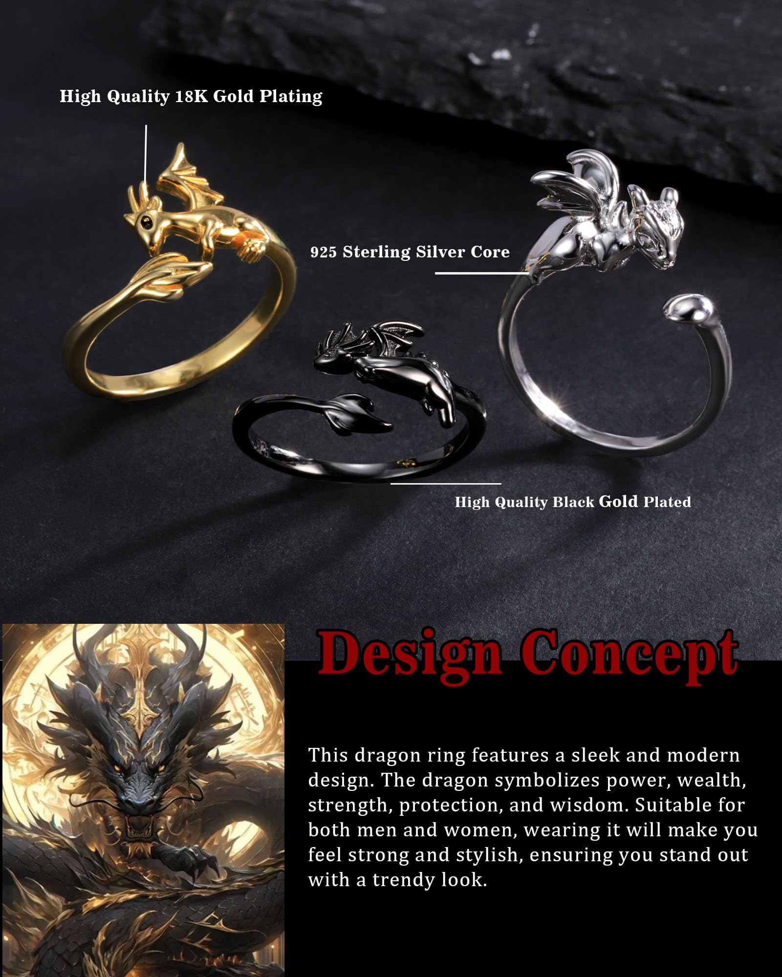 Bolelis 925 Sterling Silver Dragon Rings for Women - Cute Open Adjustable Dinosaur Ring Jewelry,Wrap Thumb Dragon Ring Christmas Gift for Women