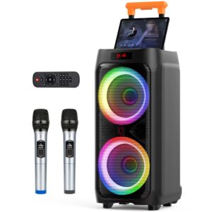 jyx karaoke machine with 2 wireless microphones for adults, 8" big bluetooth party speaker with 500w peak power, pa system with led disco light, rolling wheels and trolley, perfect for outdoor home