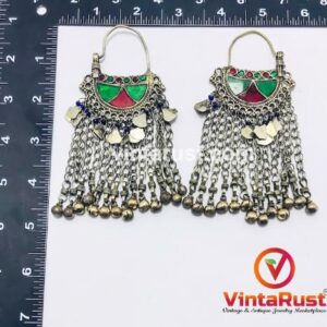 Red and Green Oversized Bells Chaandbaliyaan, Massive Kuchi Boho Earrings With Long Bells, Traditional Afghani Earrings, Vintage Jewelry