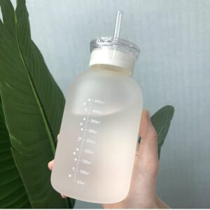 JZSMY 480ml Milk Juice Cute Water Bottle with Scale 2 Lids Little daisy Matte Portable Transparent Water Cup Glass Bottles Creative Handy Cup (Transparent 1 flower)