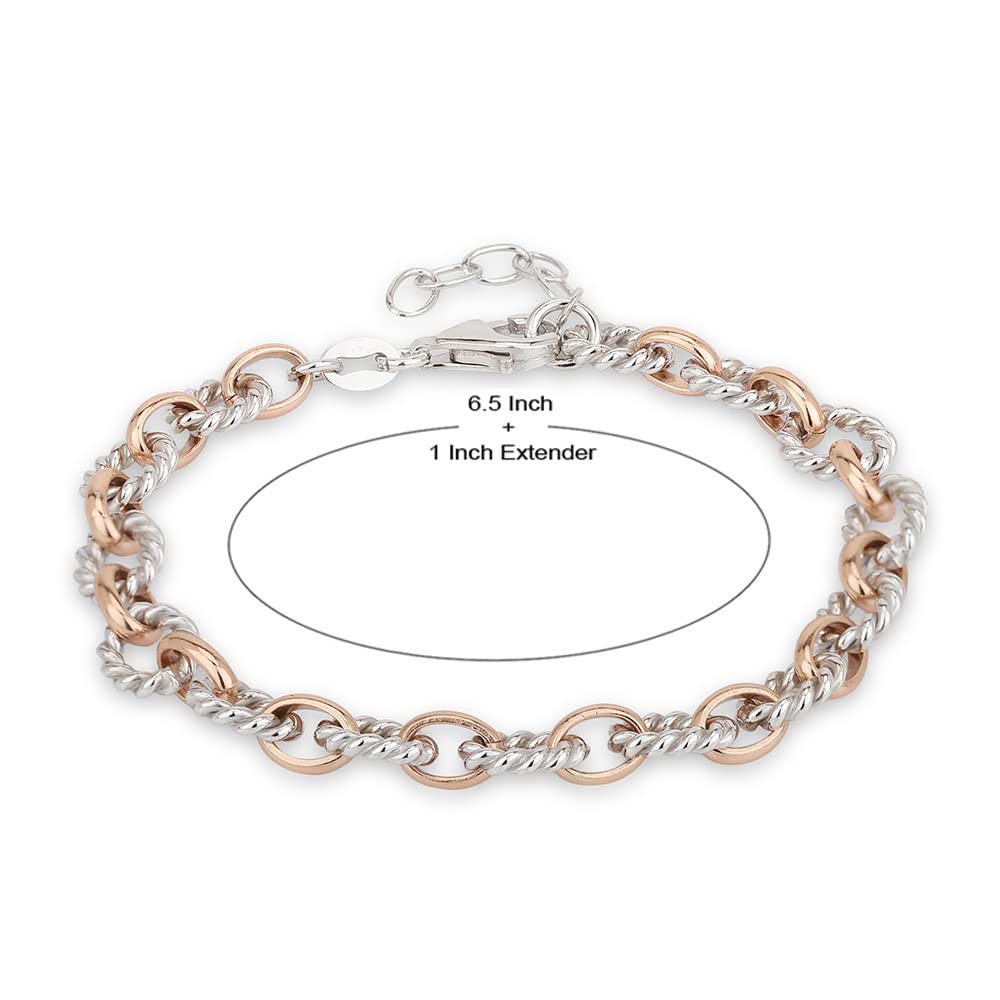 Vanbelle Sterling Silver Jewelry - Silver and Rose Gold Plated with 925 Stamp - Twisted Wire Link Chain Bracelet - Elegant Handcrafted for Women - 6.5" long + 1" extender