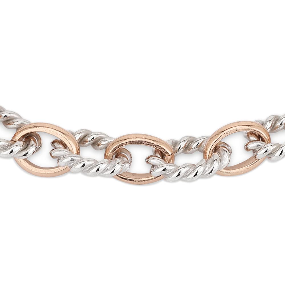 Vanbelle Sterling Silver Jewelry - Silver and Rose Gold Plated with 925 Stamp - Twisted Wire Link Chain Bracelet - Elegant Handcrafted for Women - 6.5" long + 1" extender