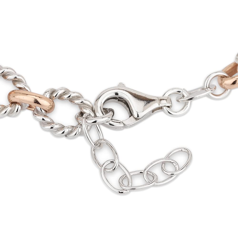 Vanbelle Sterling Silver Jewelry - Silver and Rose Gold Plated with 925 Stamp - Twisted Wire Link Chain Bracelet - Elegant Handcrafted for Women - 6.5" long + 1" extender