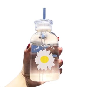 jzsmy 480ml milk juice cute water bottle with scale 2 lids little daisy matte portable transparent water cup glass bottles creative handy cup (transparent 1 flower)