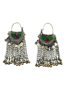 red and green oversized bells chaandbaliyaan, massive kuchi boho earrings with long bells, traditional afghani earrings, vintage jewelry