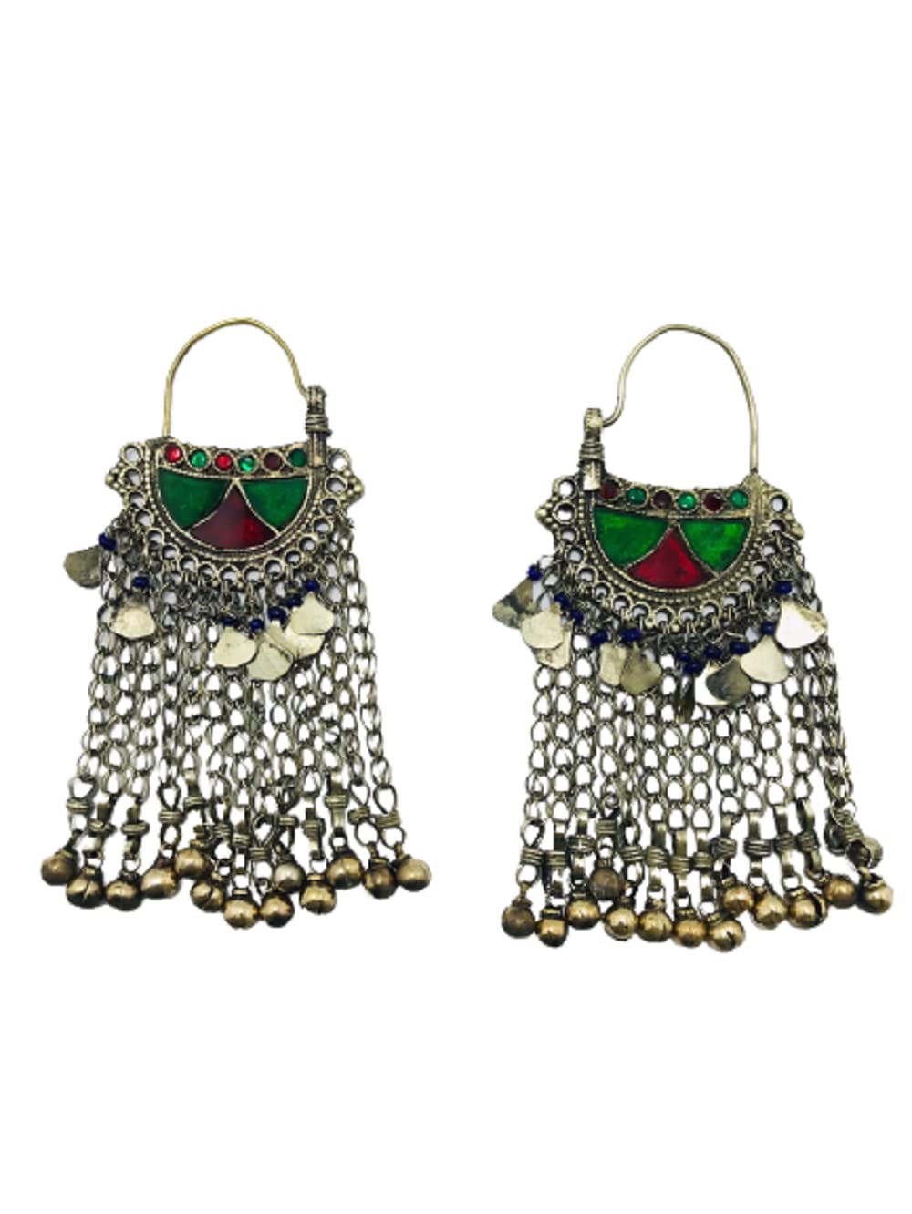 Red and Green Oversized Bells Chaandbaliyaan, Massive Kuchi Boho Earrings With Long Bells, Traditional Afghani Earrings, Vintage Jewelry