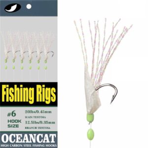 ocean cat 10 packs rainbow lucid fishskin 6 hooks fishing rigs with string hooks glow fishing beads high carbon hooks for freshwater saltwater fishing lures bait rig tackle (1/0#)