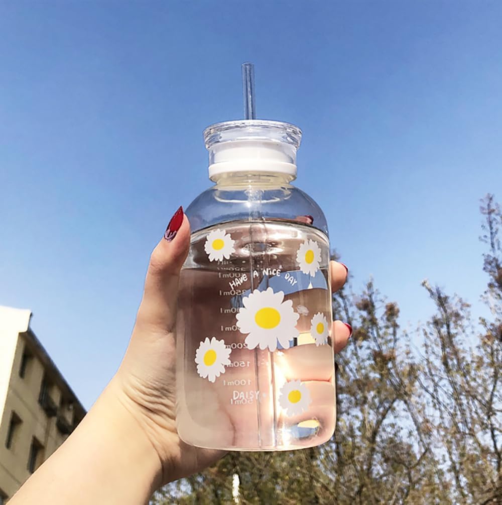 JZSMY 480ml Milk Juice Cute Water Bottle with Scale 2 Lids Little daisy Matte Portable Transparent Water Cup Glass Bottles Creative Handy Cup (Transparent 1 flower)