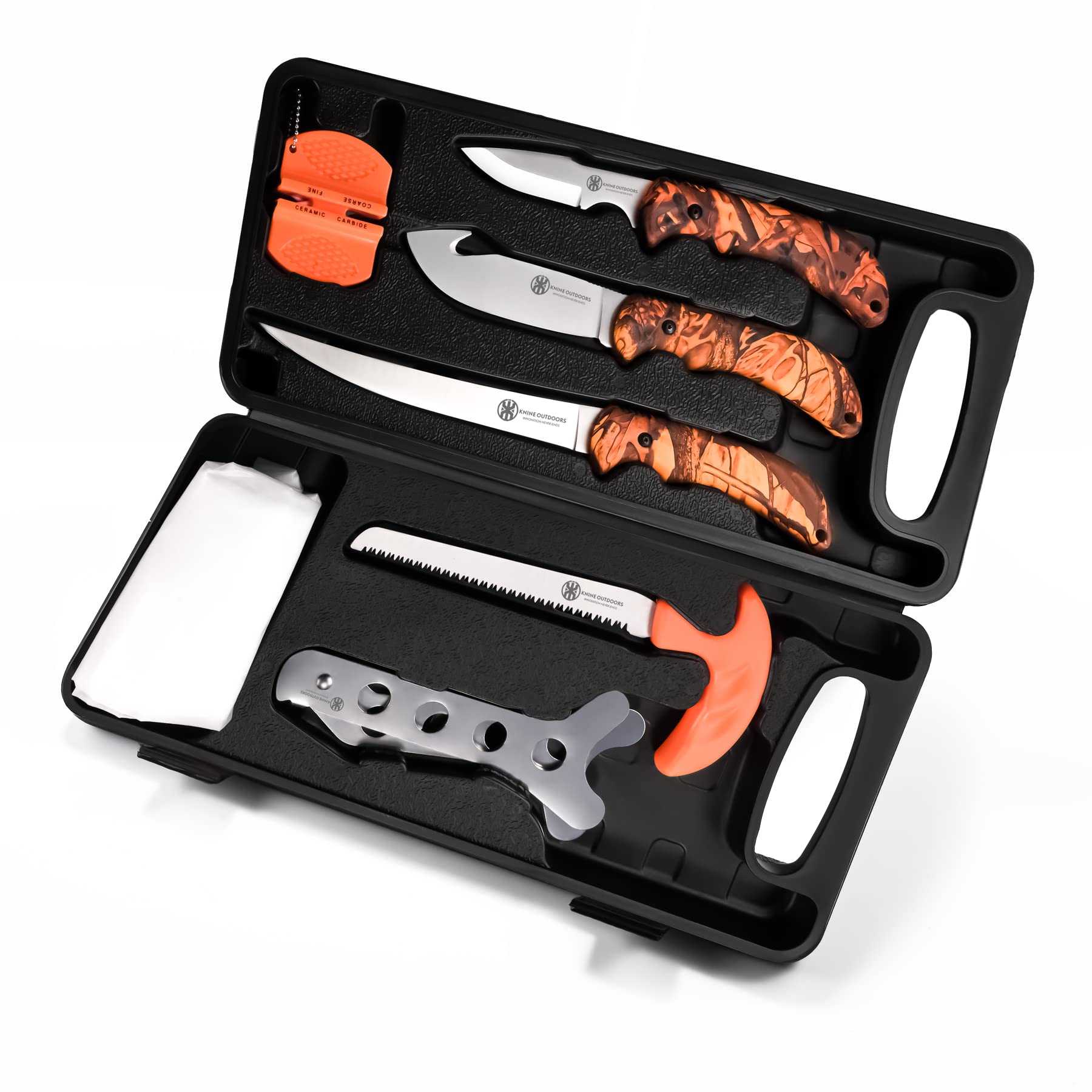 KNINE OUTDOORS Hunting Deer Knife Set Field Dressing Kit Portable Game Processor Set Red Maple Camo Handle, 8 Pieces