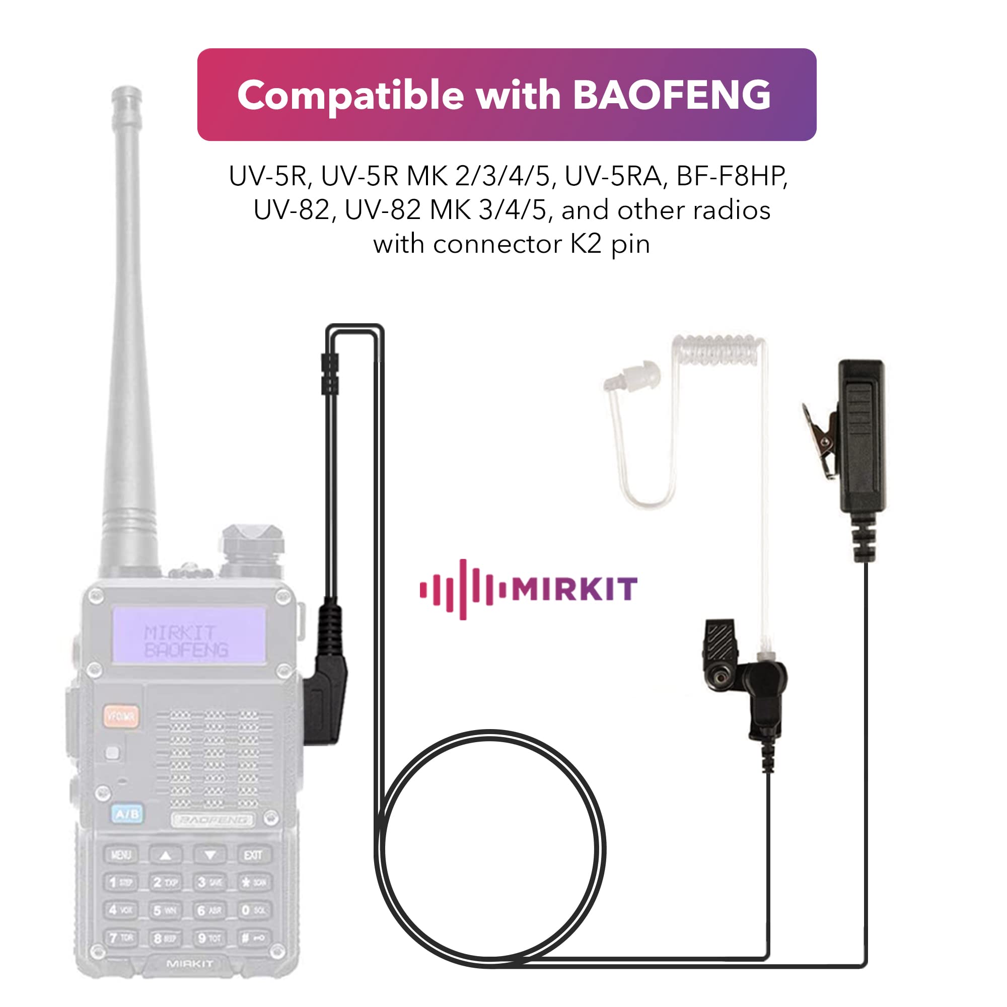 MIRKIT Bundle Get Earpiece Headset Mic for Free! MIRKIT Ham Radio Baofeng UV-5R MK4 8 Watt Max Power + MIRKIT Heavy Duty Baofeng Earpiece Headset Mic