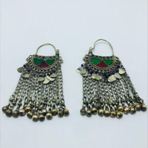 Red and Green Oversized Bells Chaandbaliyaan, Massive Kuchi Boho Earrings With Long Bells, Traditional Afghani Earrings, Vintage Jewelry