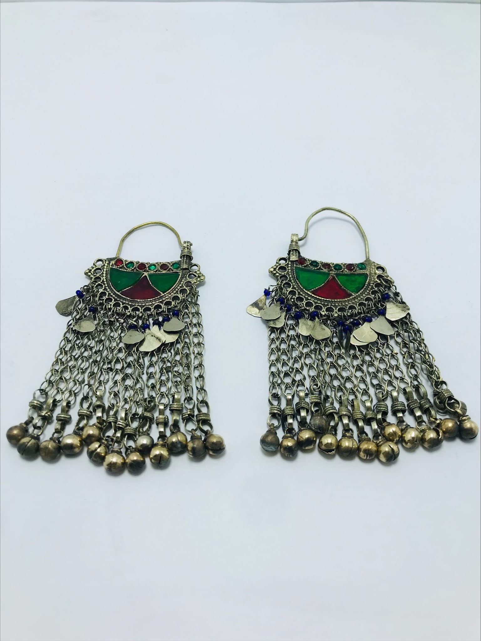 Red and Green Oversized Bells Chaandbaliyaan, Massive Kuchi Boho Earrings With Long Bells, Traditional Afghani Earrings, Vintage Jewelry