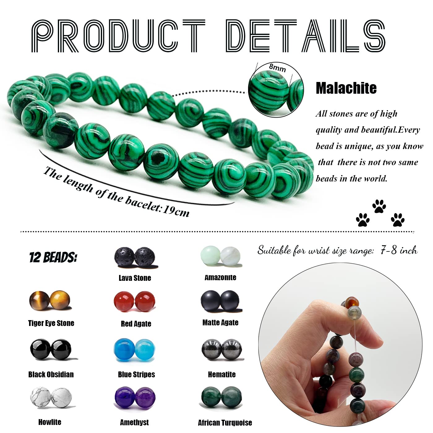 SROBENZ 12 Pcs 8mm Gemstones Beaded Bracelets for Men Women Stone Healing Bead Semi-Precious Stretch Round Bead Crystal Bracelets Unisex