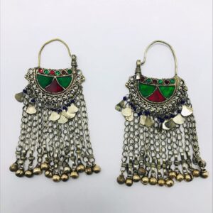 Red and Green Oversized Bells Chaandbaliyaan, Massive Kuchi Boho Earrings With Long Bells, Traditional Afghani Earrings, Vintage Jewelry