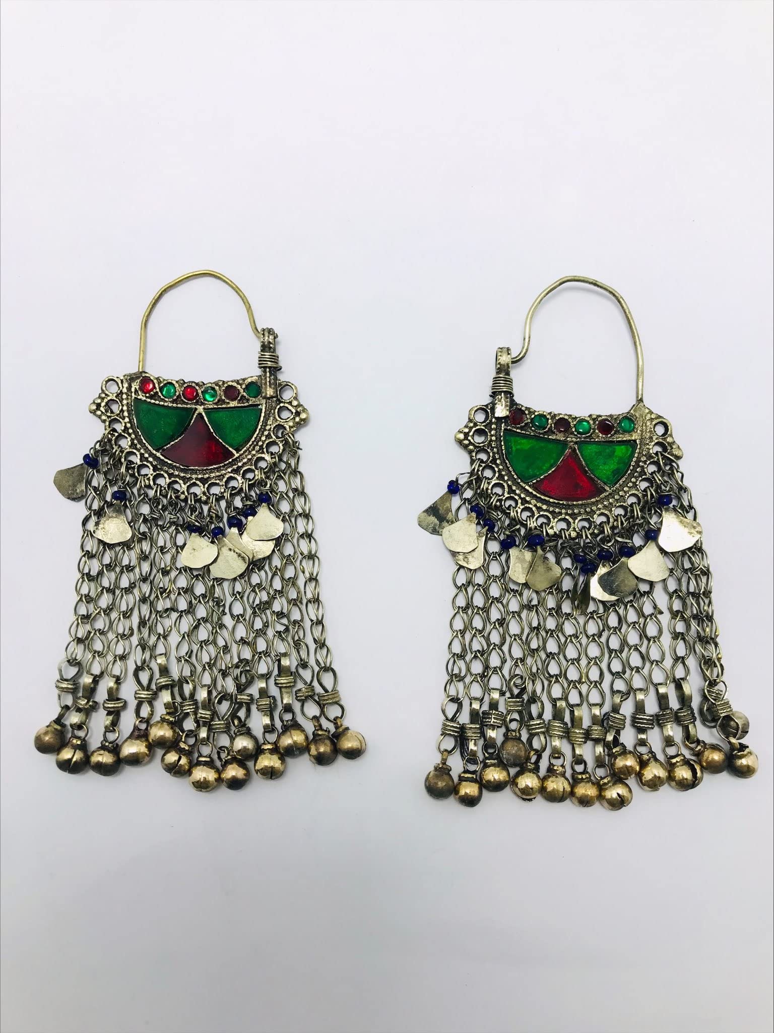 Red and Green Oversized Bells Chaandbaliyaan, Massive Kuchi Boho Earrings With Long Bells, Traditional Afghani Earrings, Vintage Jewelry