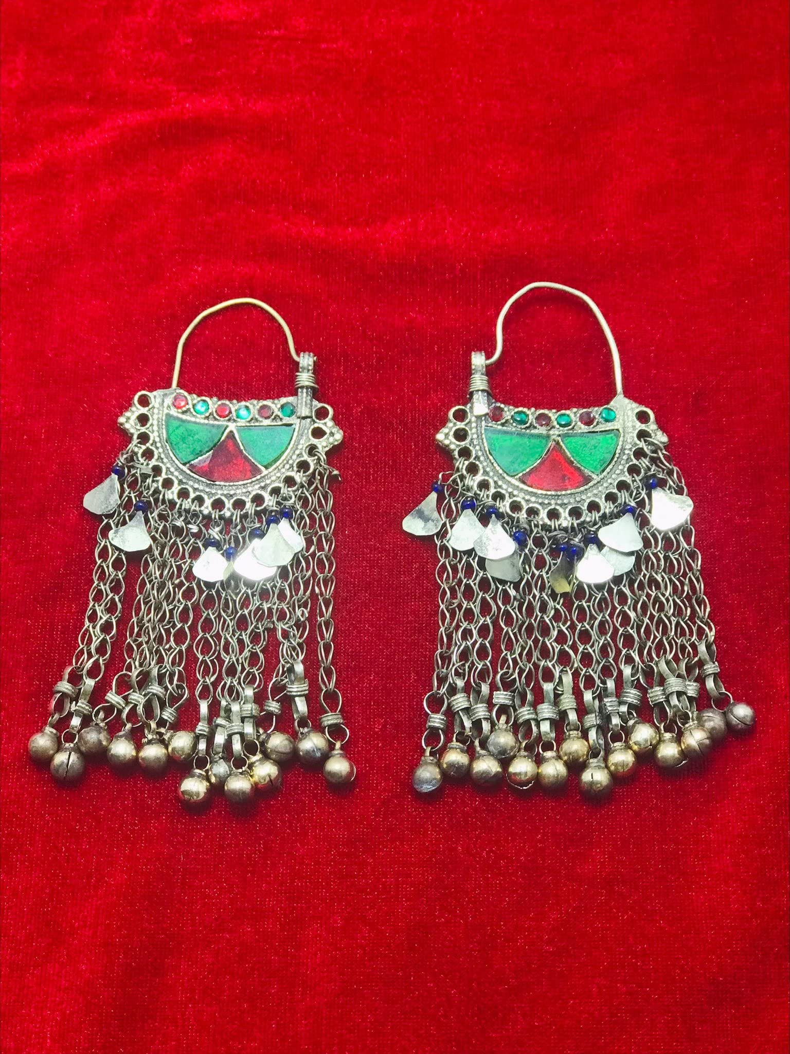 Red and Green Oversized Bells Chaandbaliyaan, Massive Kuchi Boho Earrings With Long Bells, Traditional Afghani Earrings, Vintage Jewelry