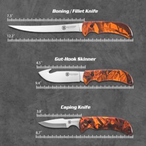 KNINE OUTDOORS Hunting Deer Knife Set Field Dressing Kit Portable Game Processor Set Red Maple Camo Handle, 8 Pieces