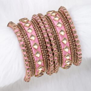 Aheli Pink Silk Thread Kundan Chuda Chura Bangle Set For Women and Girls (Size - 2.6)