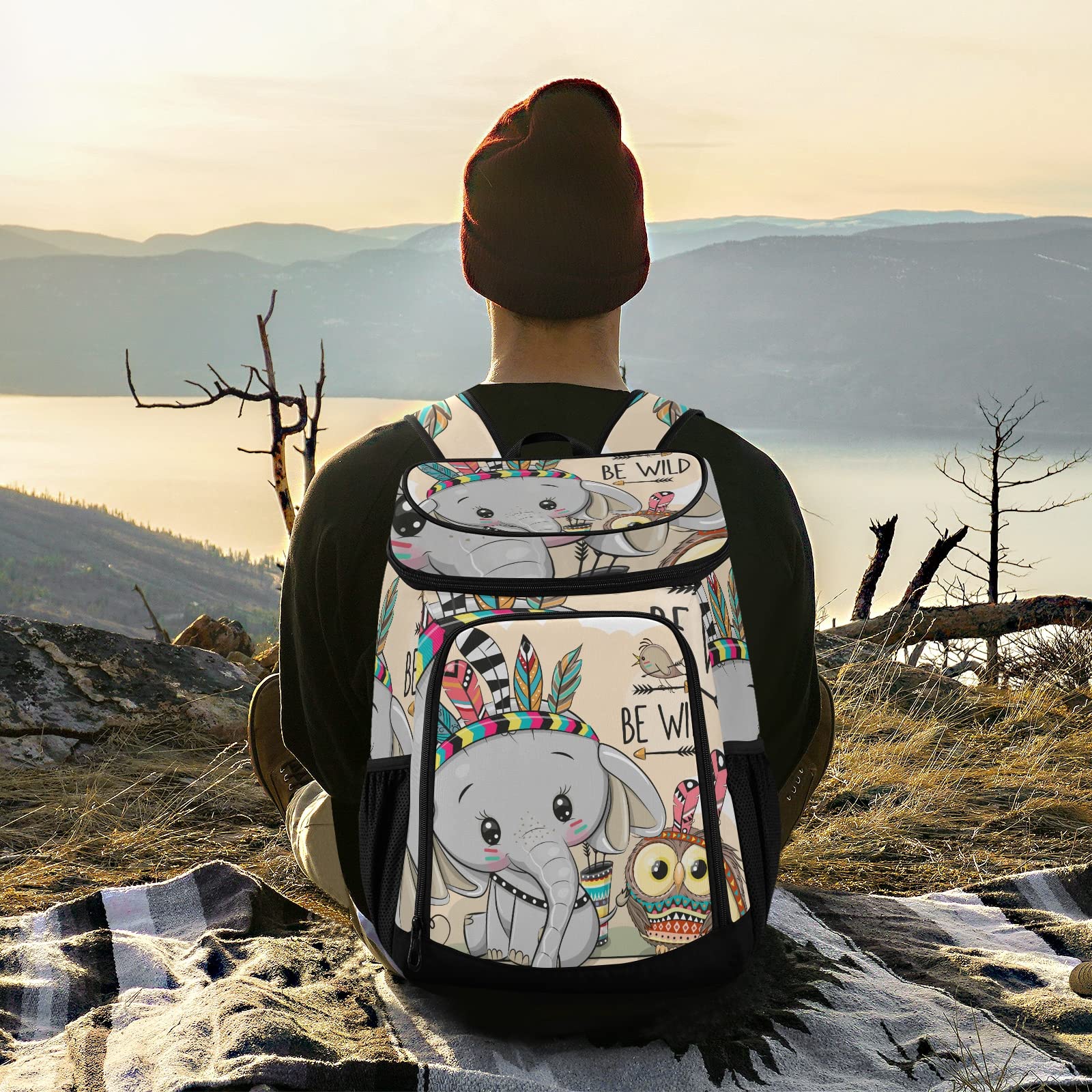 Elephant Owl Feather Cooler Backpack Insulated Leak Proof Lunch Backpack 36 Cans Portable Cooler for Beach Shopping Picnic Camping Hiking Park Trips