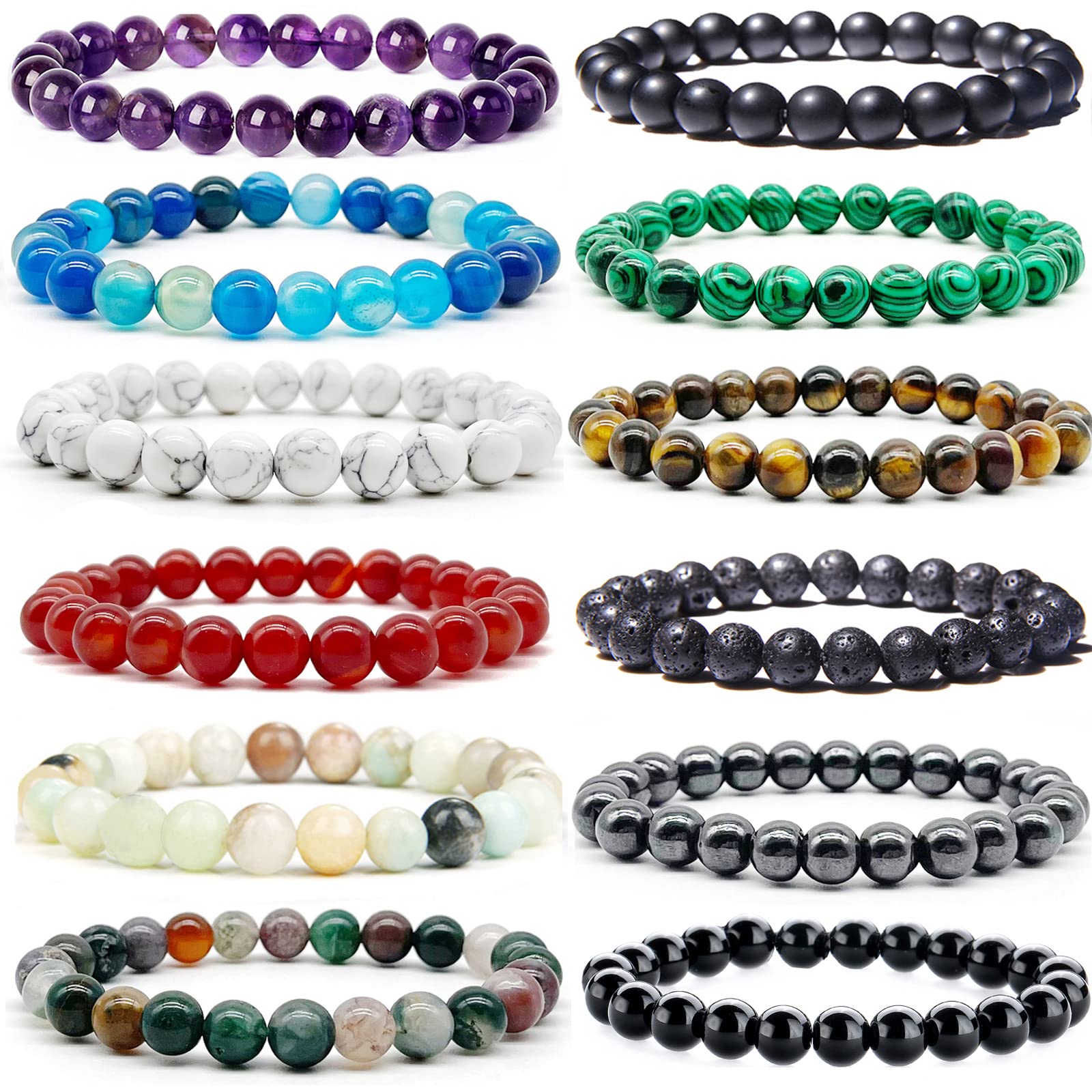 SROBENZ 12 Pcs 8mm Gemstones Beaded Bracelets for Men Women Stone Healing Bead Semi-Precious Stretch Round Bead Crystal Bracelets Unisex