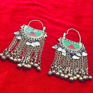 Red and Green Oversized Bells Chaandbaliyaan, Massive Kuchi Boho Earrings With Long Bells, Traditional Afghani Earrings, Vintage Jewelry