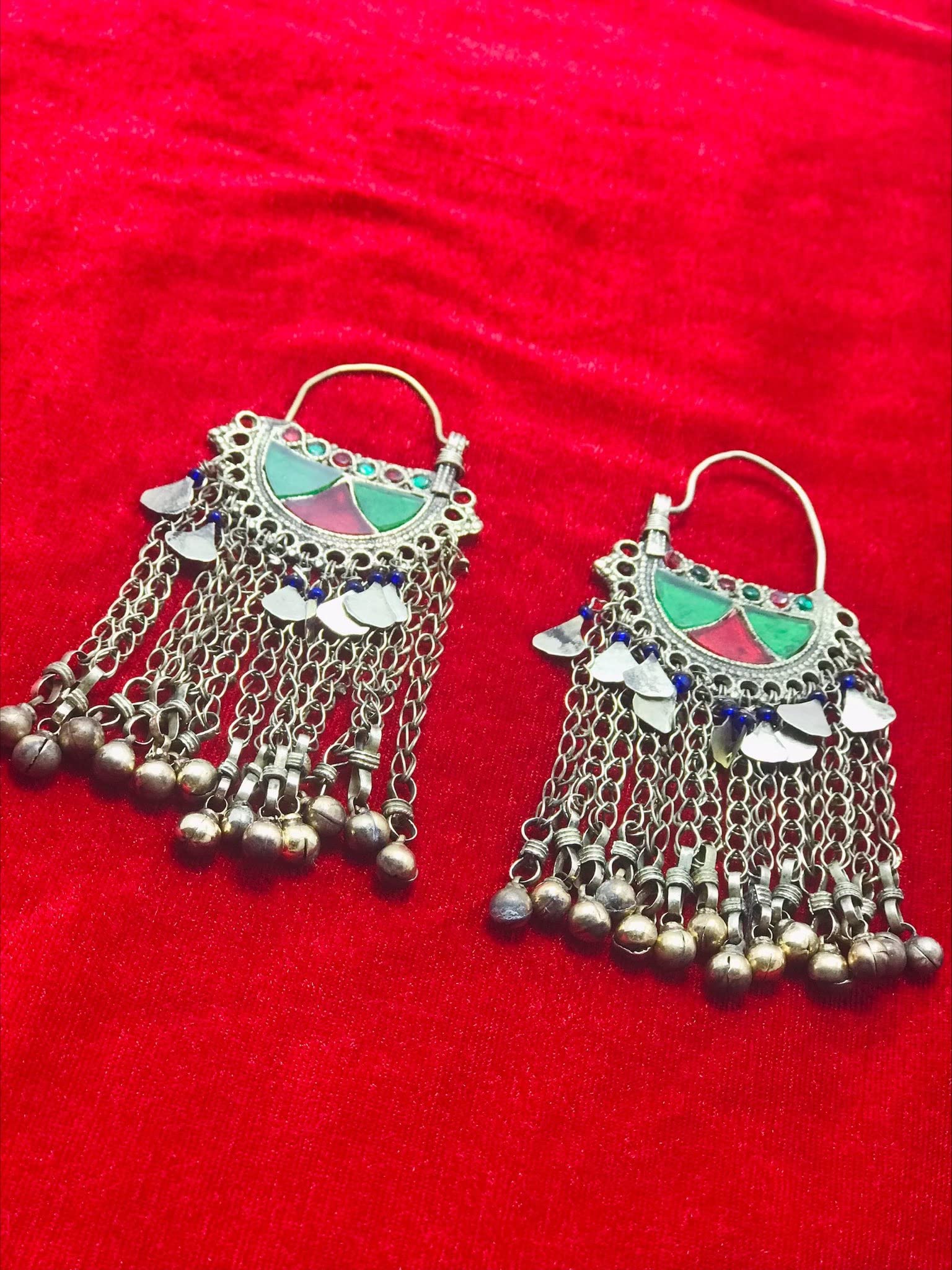 Red and Green Oversized Bells Chaandbaliyaan, Massive Kuchi Boho Earrings With Long Bells, Traditional Afghani Earrings, Vintage Jewelry