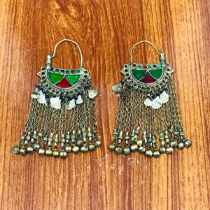 Red and Green Oversized Bells Chaandbaliyaan, Massive Kuchi Boho Earrings With Long Bells, Traditional Afghani Earrings, Vintage Jewelry