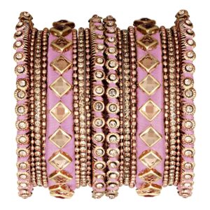 Aheli Pink Silk Thread Kundan Chuda Chura Bangle Set For Women and Girls (Size - 2.6)