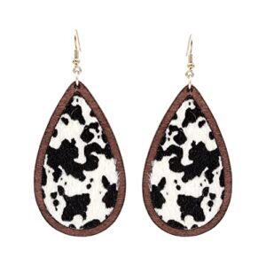 cow print earrings lightweight leather wood teardrop hook earrings handmade hypoallergenic earrings for women girls dangle drop cow hide western earring white black/brown (white black)