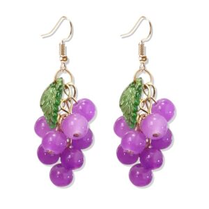 diyanmmy 3d green grapes drop earrings cute fruit pink peach acrylic gold dangle earrings for women charm jewelry gift (purple grape earrings)