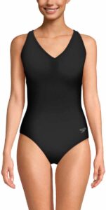 speedo womens swimsuit one piece black adult v-neck with back interest, conservative cut (medium)