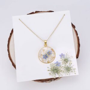 Forget-Me-Not and Queen Anne's Lace Pressed Wildflower Necklace | Gold Pressed Flower Necklace | Personalized Handmade Necklaces for Women | Forget-Me-Not Jewelry | Alaska State Flower Necklace | 18”