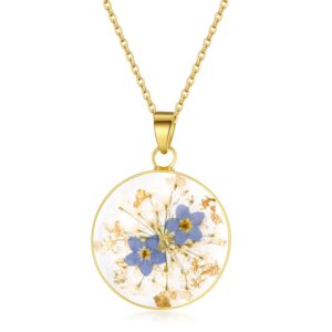 forget-me-not and queen anne's lace pressed wildflower necklace | gold pressed flower necklace | personalized handmade necklaces for women | forget-me-not jewelry | alaska state flower necklace | 18”