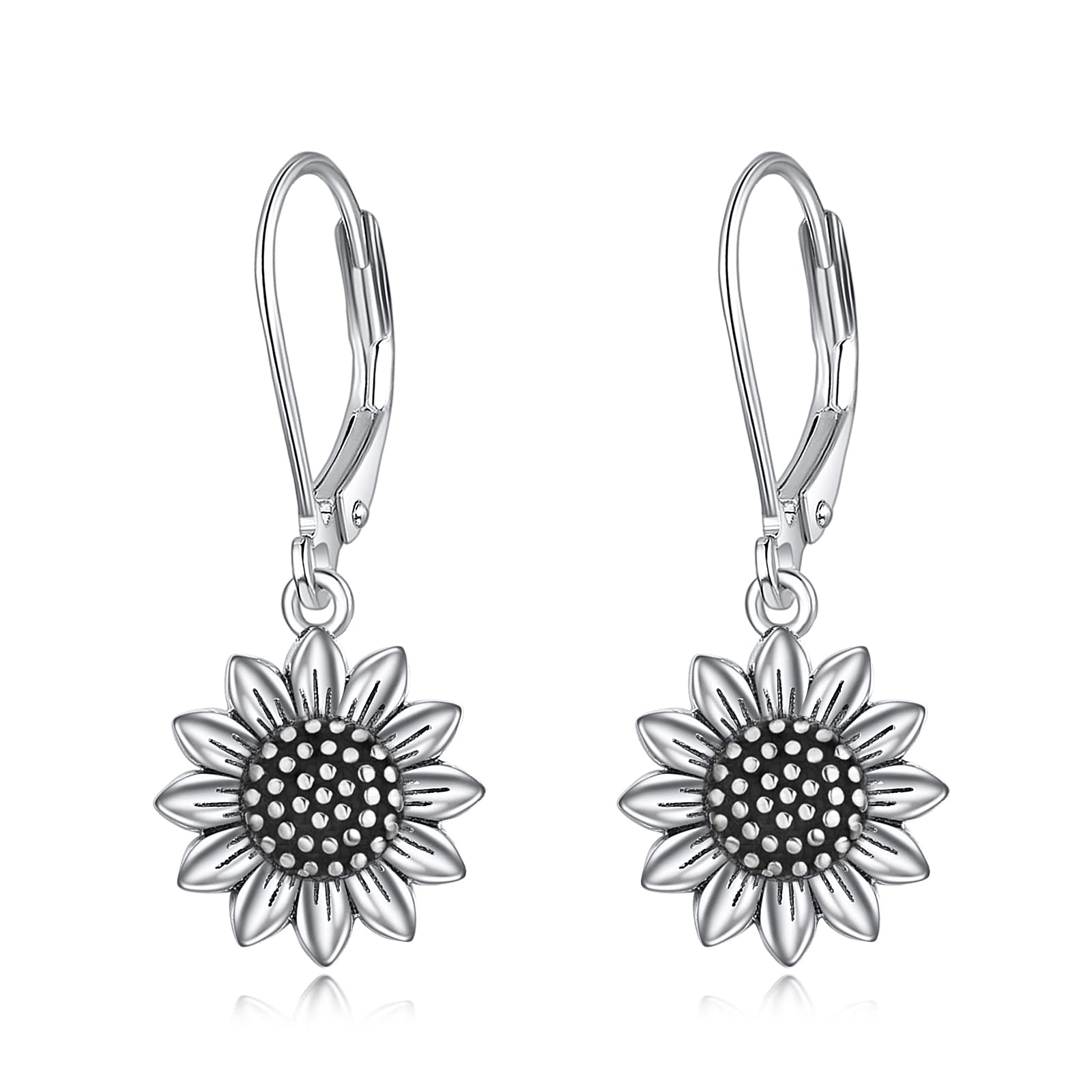 POPLYKE Antiqued Sunflower Leverback Dangle Earrings S925 Sterling Silver Sunflower Earrings for Women